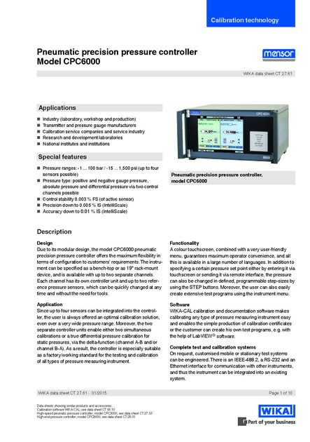 Pneumatic precision pressure controller - Model CPC6000 (WIKA) : (주)에이티 ...
