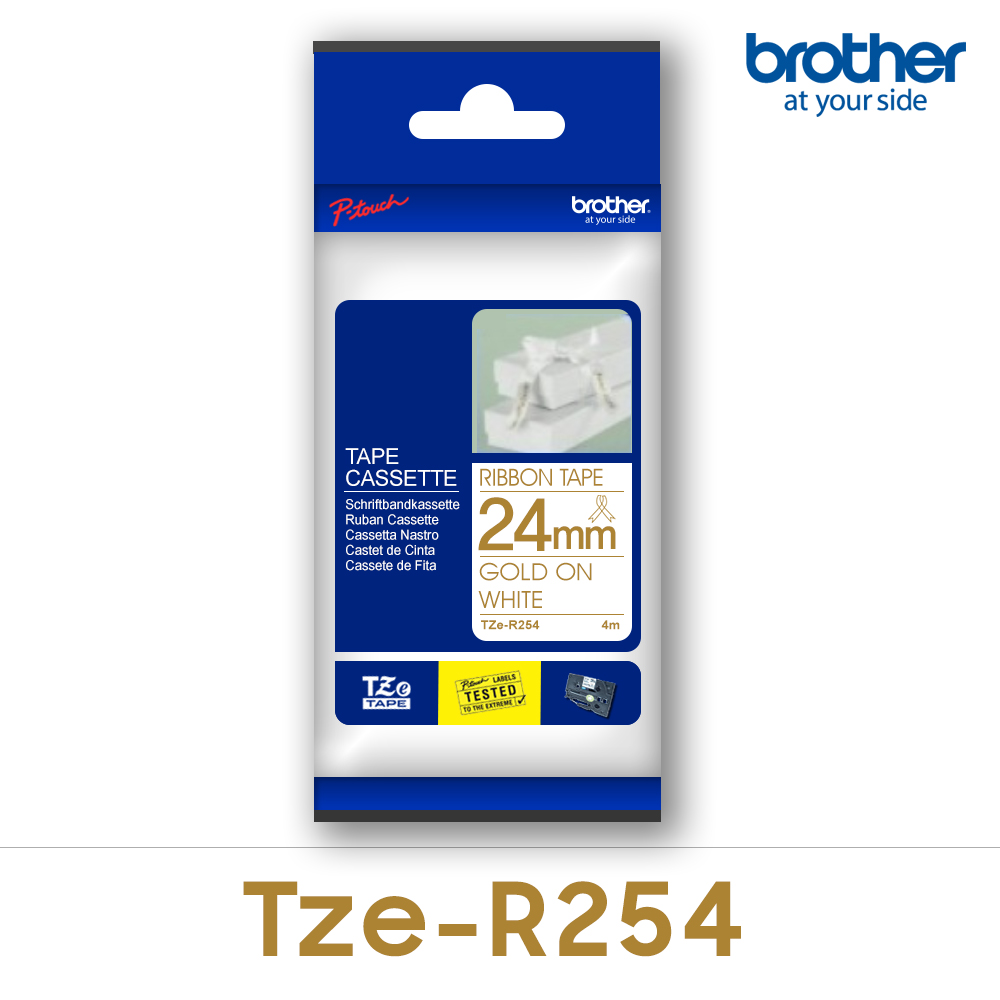 Tze-R254_흰색바탕_금색글씨_리본24mm_접착없음 브라더 라벨프린터 한국총판 정품라벨테이프