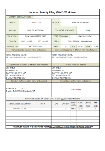 ISF Worksheet (sample) : 센터럴로지스(주)