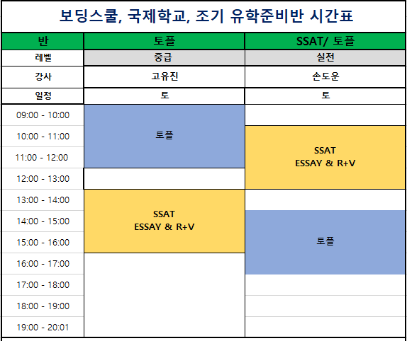 유학반준비반, SSAT TOEFL 강좌 안내_Essay, Interview 포함 : 힙스 튜터 시간표