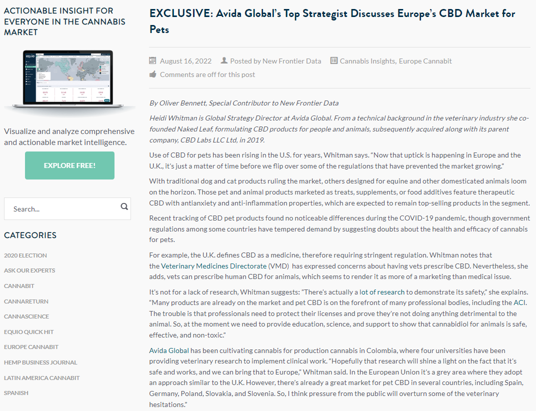 독점: Avida Global의 최고 전략가가 유럽의 애완동물용 CBD 시장에 대해 논의합니다 : 한국대마산업협회