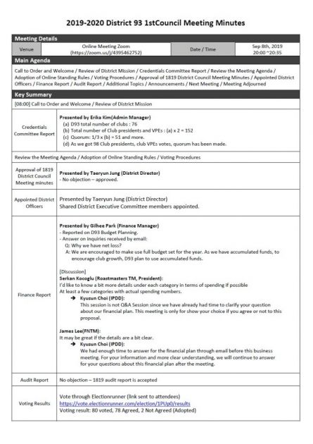 [Meeting Minutes] 2019-2020 District 93 First Council Meeting, Online ...
