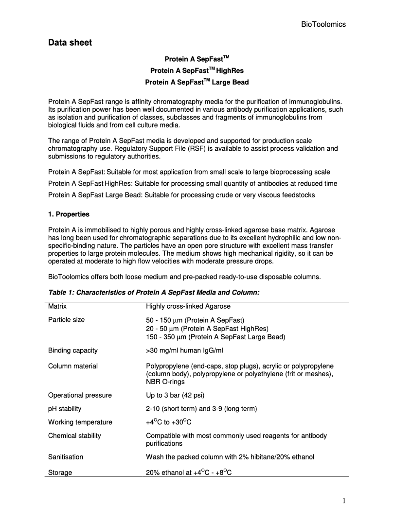 Protein A & Alkaline-stable Protein A SepFast Range : BioToolomics ...