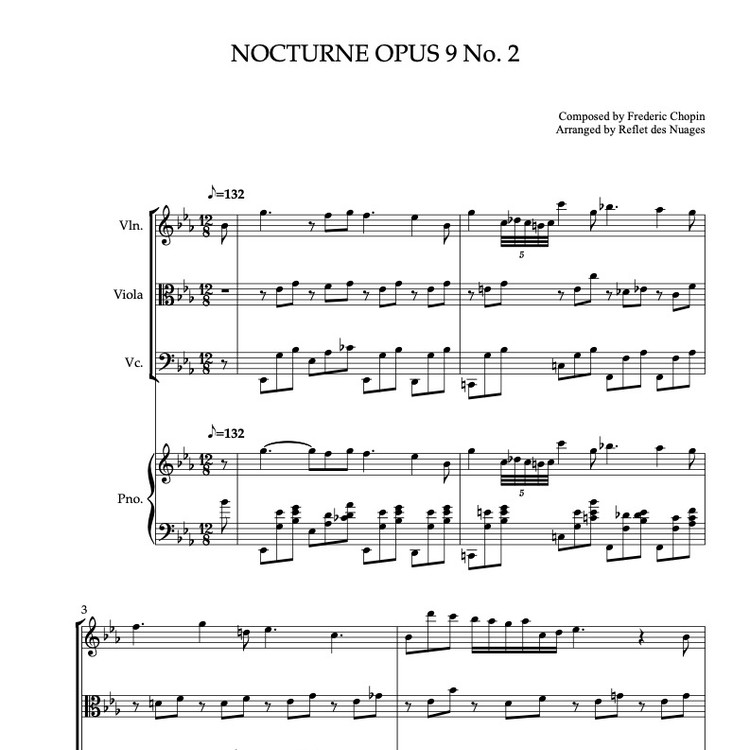 [QUARTET SHEET MUSIC] Nocturne Opus 9 No.2 - Violin, Viola, Cello and ...