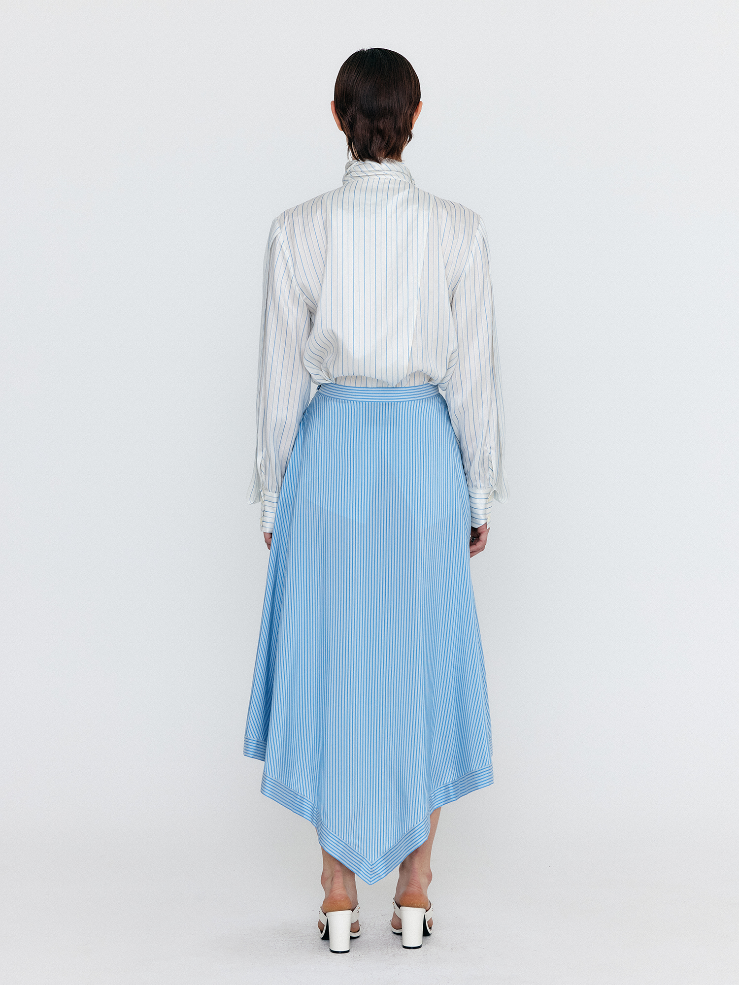 WANCY Caped Silk Blouse - Ivory/SkyBlue Stripe : EENK