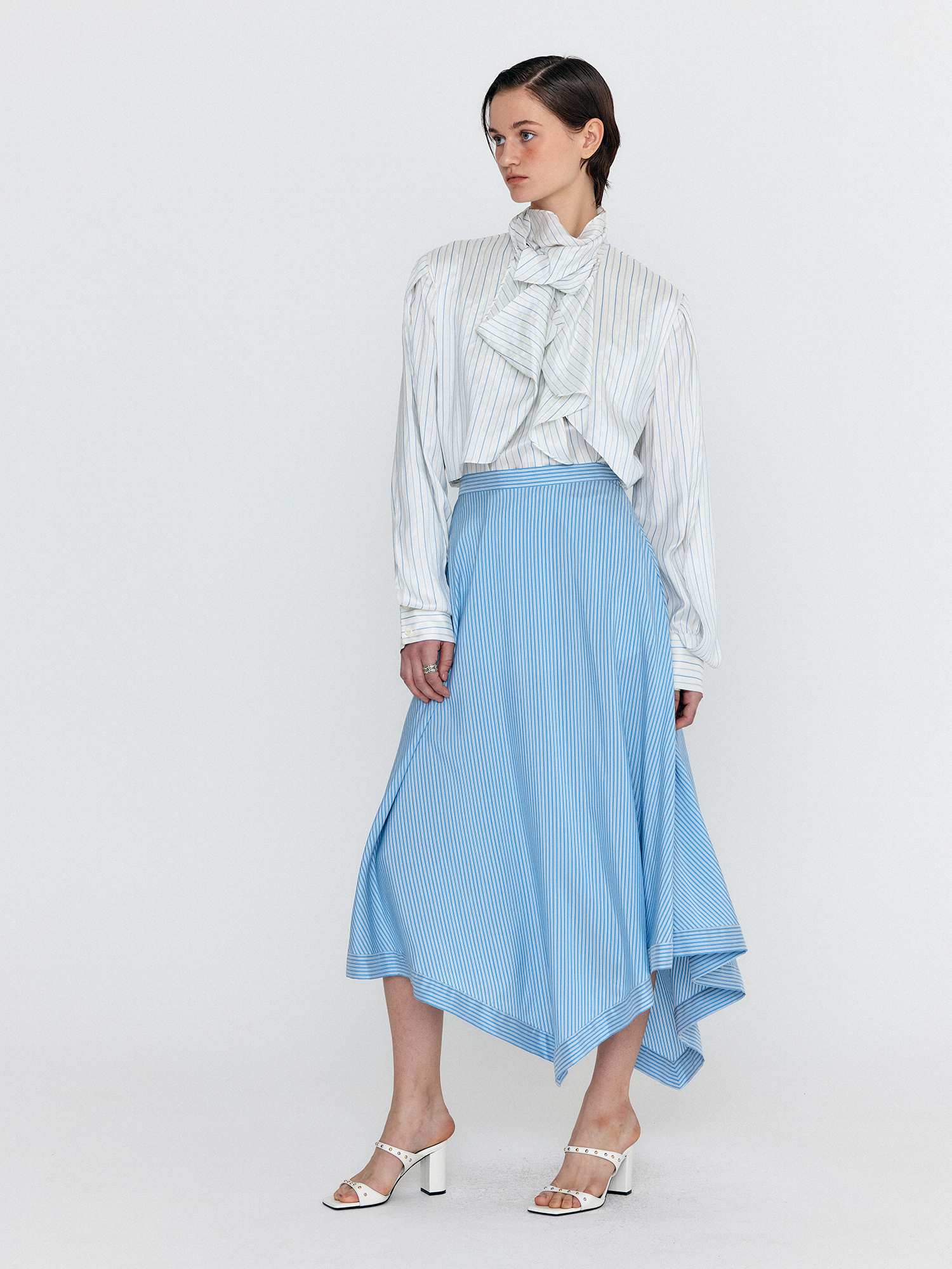 WANCY Caped Silk Blouse - Ivory/SkyBlue Stripe : EENK