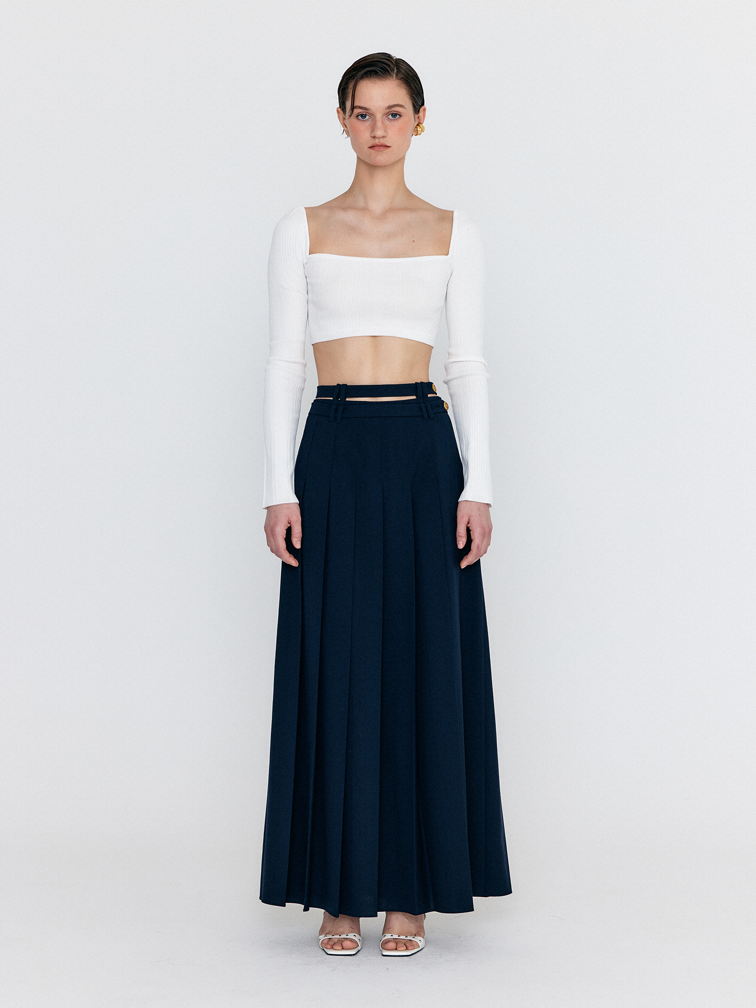 WOVEL Double-Belted Pleated Maxi Skirt - Navy : EENK