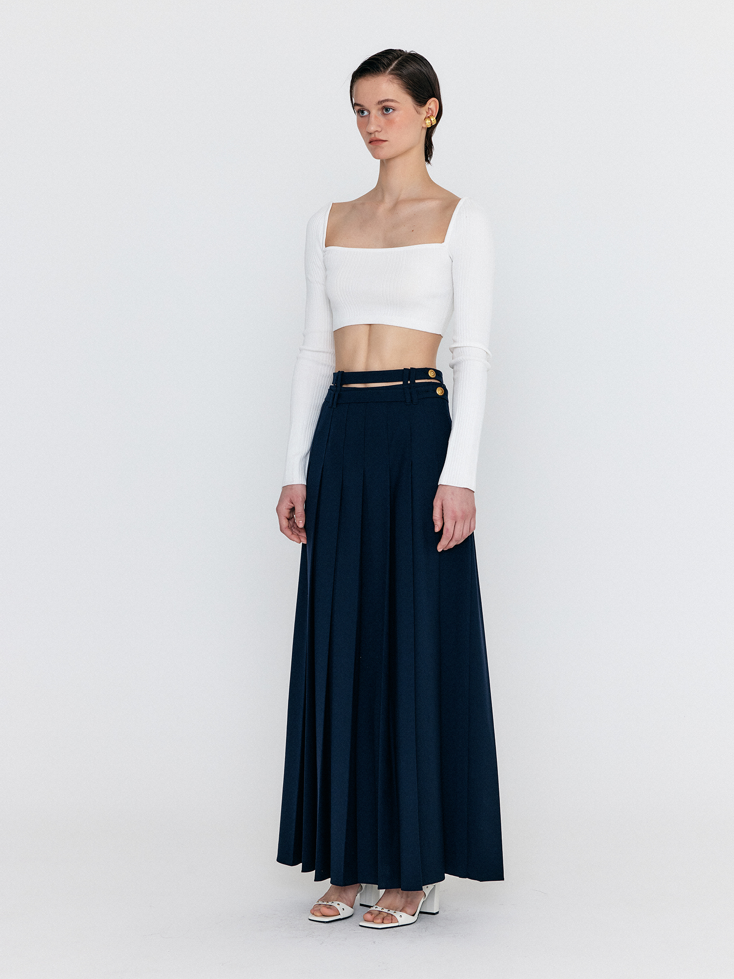 WOVEL Double-Belted Pleated Maxi Skirt - Navy : EENK