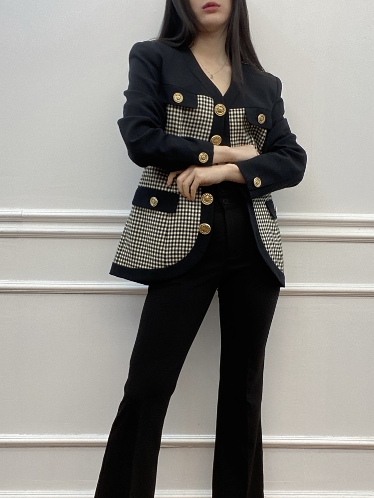 black check gold button jacket : something vintage