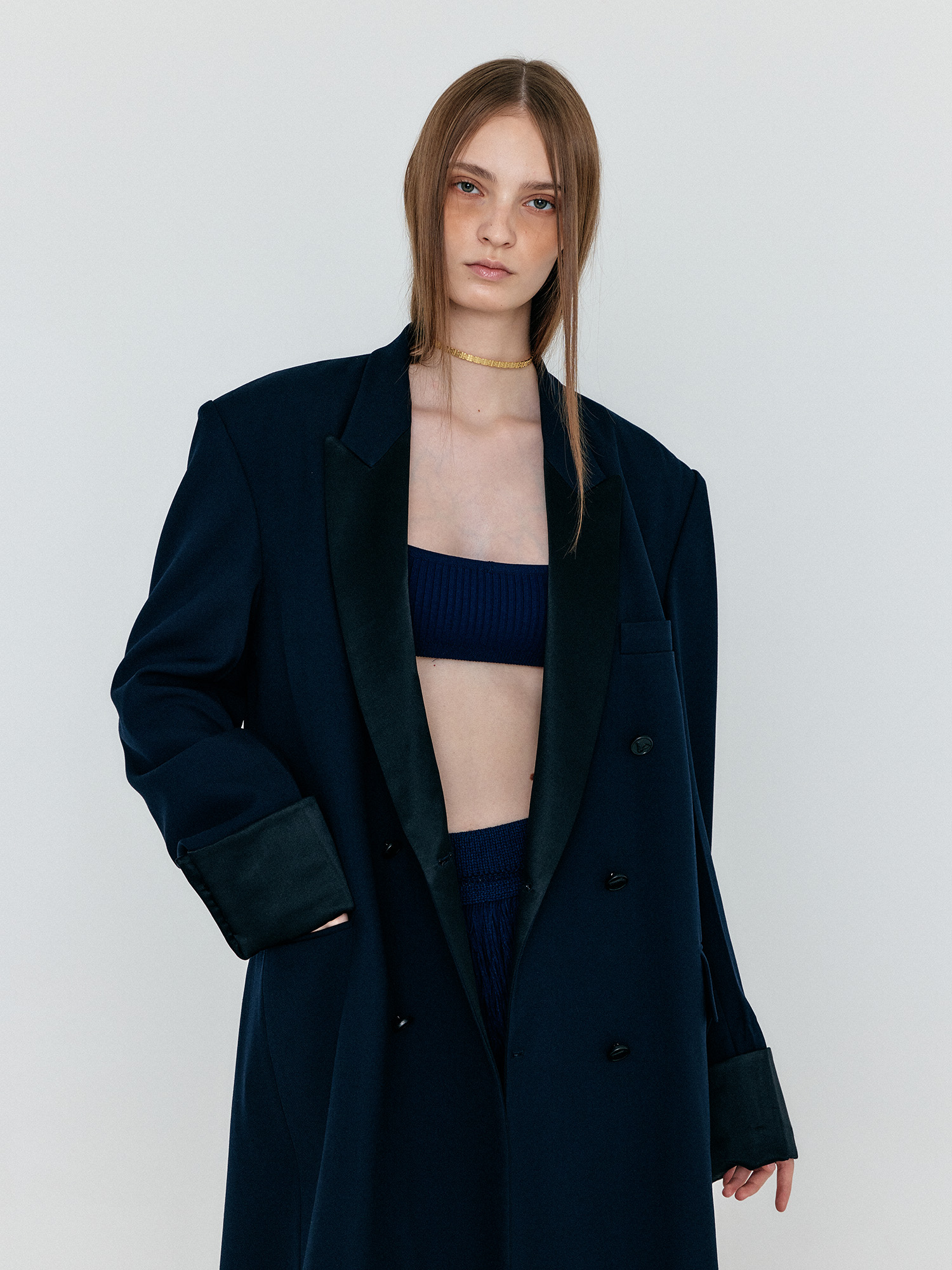 WELLY Double Breasted Long Coat Navy EENK