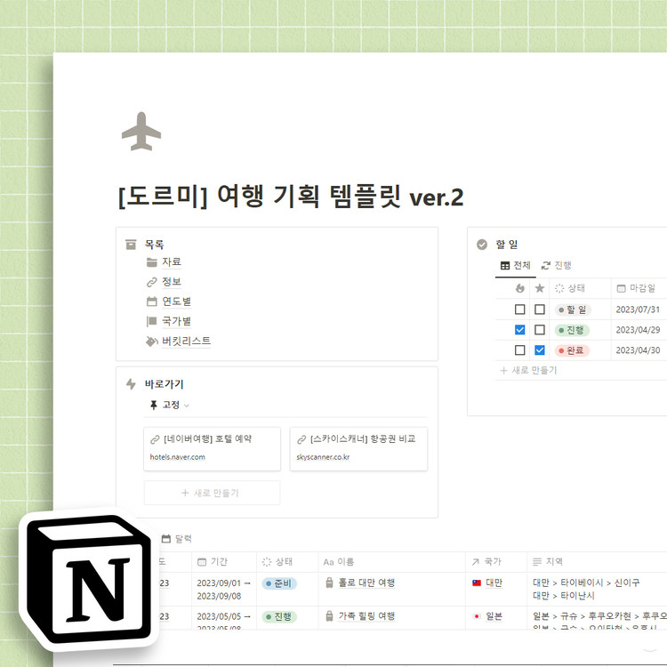 [노션] 2023 여행 기획 템플릿 Ver 2 여행 계획 과정 스튜디오도르미