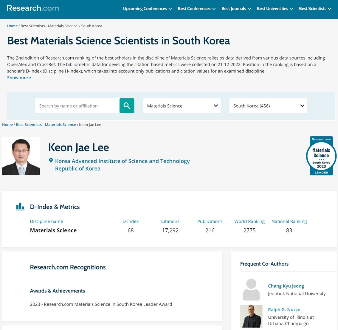 [Academic Reward] Leader Award at 2023 Research.com Materials Science ...