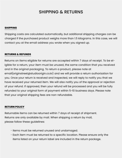 Shipping & Returns Policy : ORIGIN STORE