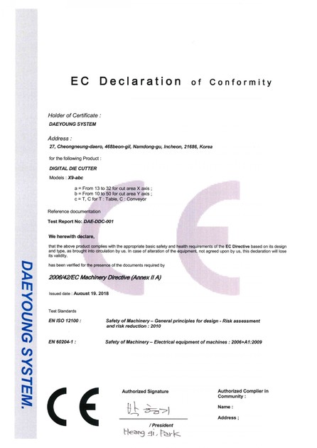 Ce Declaration Of Conformity Cutter X9 Dyss Certifications