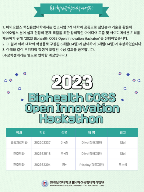 [공모전 수상 안내] 2023 Biohealth COSS Open Innovation Hackaton : 원광보건대학교 바이오헬스 혁신융합대학사업단