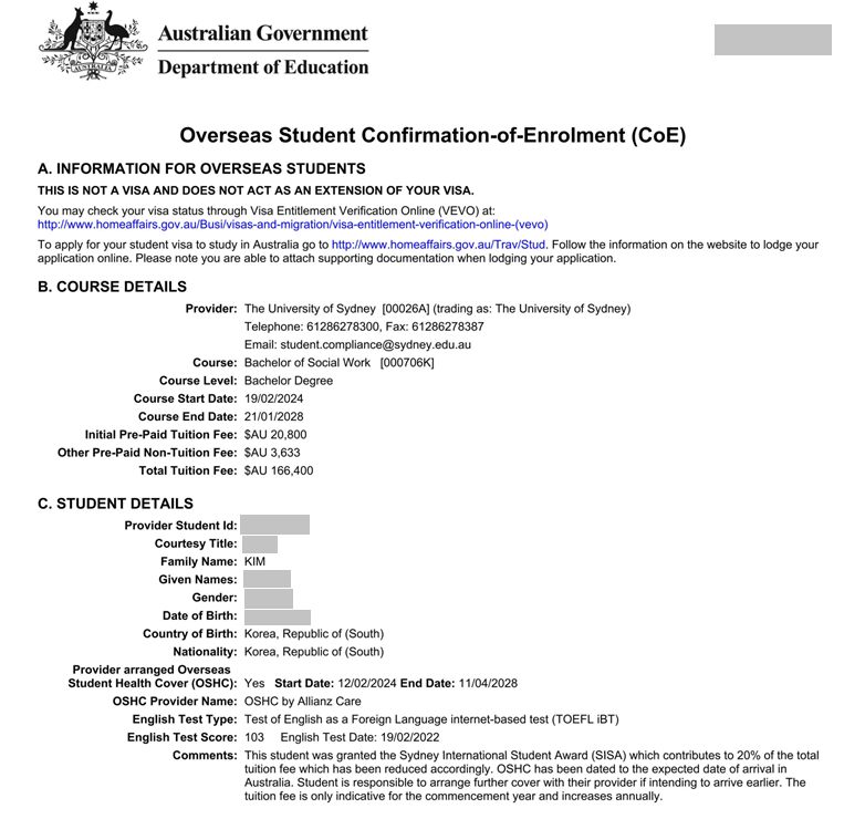 호주 시드니 명문대 호주G8 대학교중 하나인 호주시드니대학(USYD) 김O주님의 사회복지학과 학업확정서(CoE)가 발행되었습니다 ...