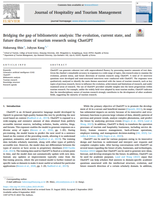 Article published (Bibliometric Analysis Through Chat GPT for Tourism Research) : fitlab