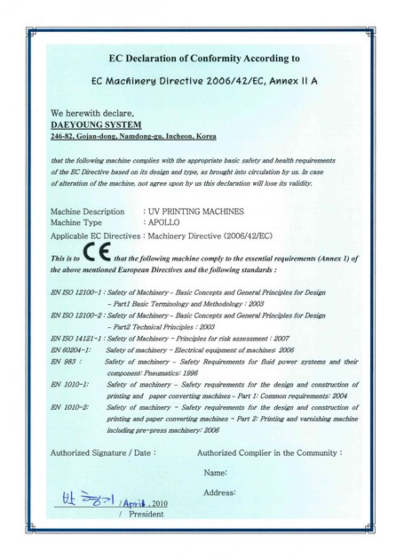CE Declaration of Conformity (APOLLO UV PRINTER) : DYSS Certifications