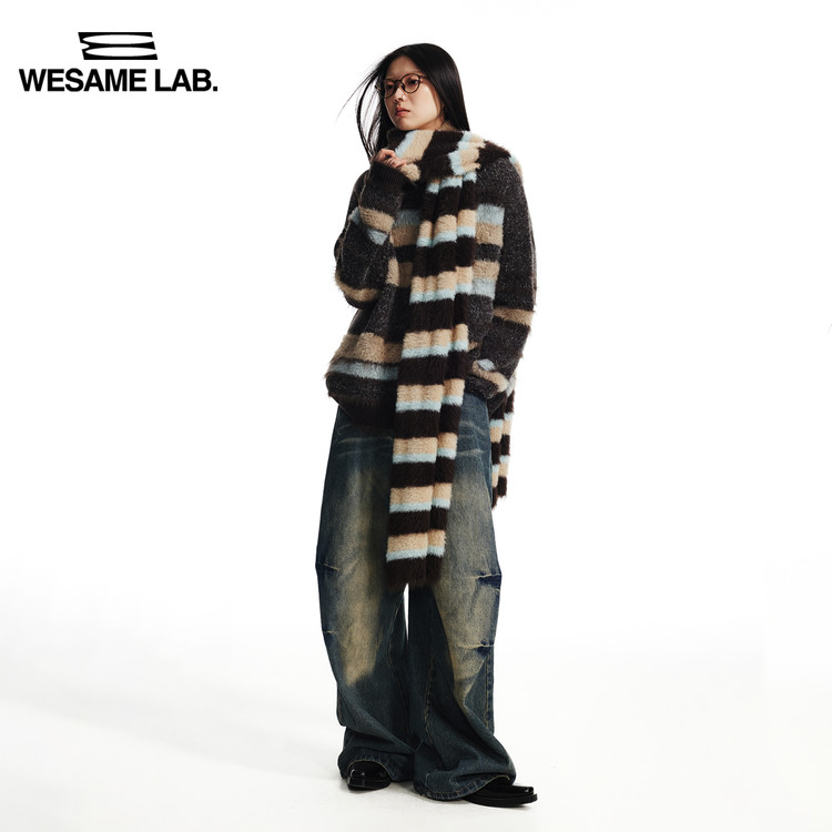 WESAME LAB Multi Blue Brown Striped Mink Hair Warmer : 유스키트 YOUTHKIT