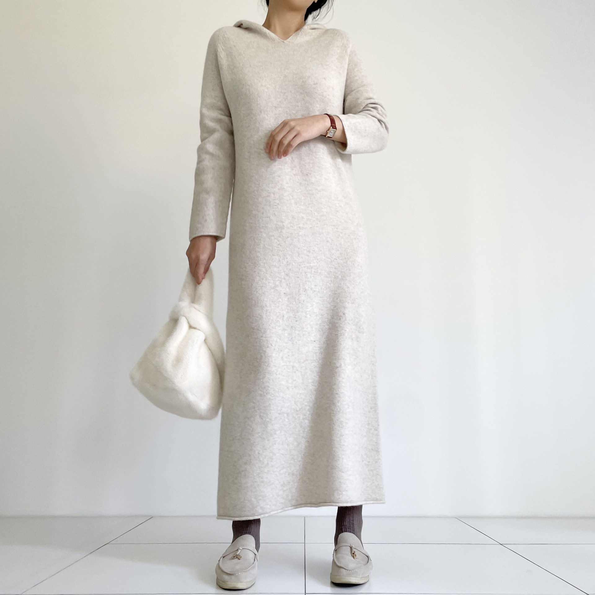 로로 후드 니트 원피스