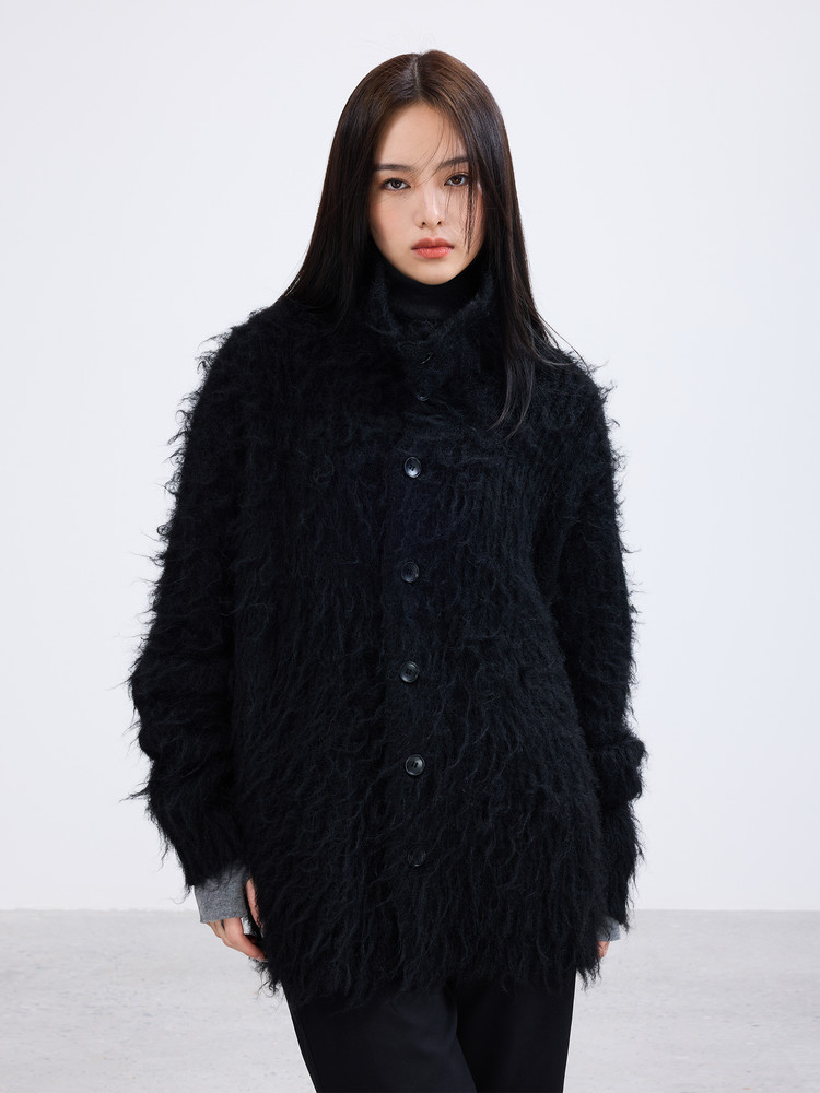 high collar button cardigan long wool sweater : cuf