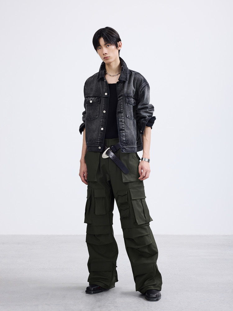 heavy three-dimensional multi-pocket pleated work pants : cuf