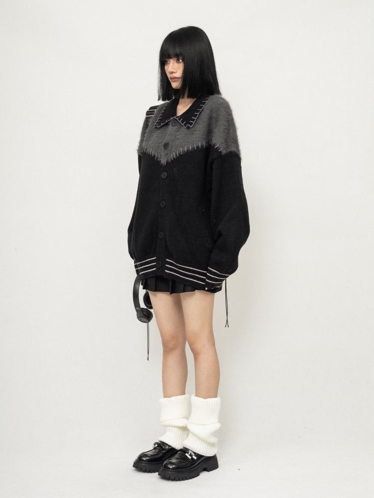 stitching contrast color college style cardigan : 커프 cuf