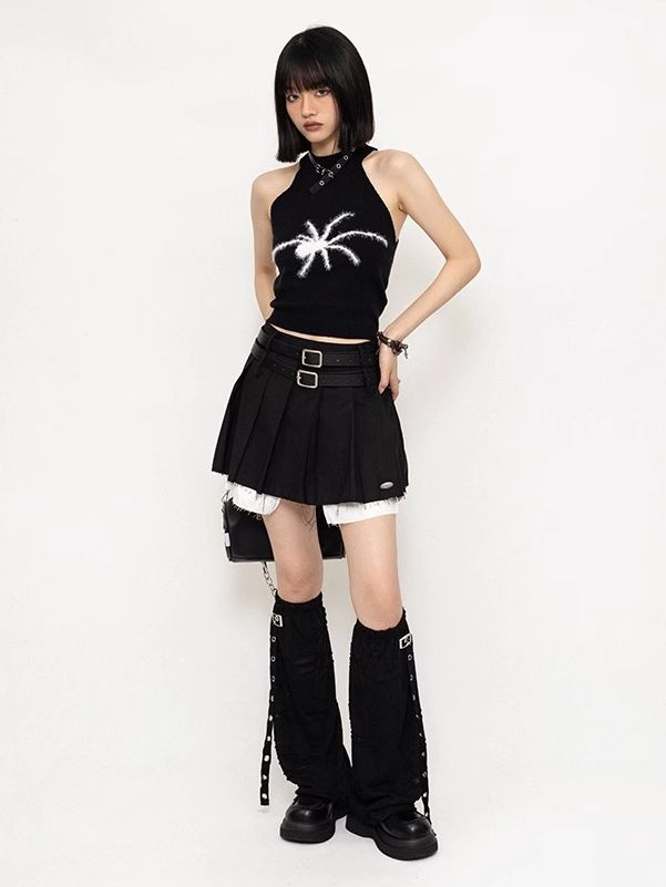 Navel Black Spider Embroidery Printed Vest Sleeveless Short Top : 커프 cuf