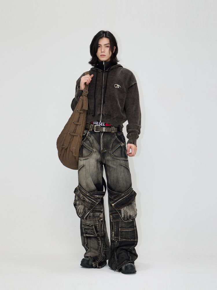 zipper detachable pocket spiked structure thorn jeans : 커프 cuf