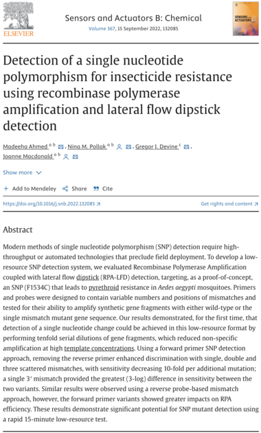 Detection of a SNP for insecticide resistance using RPA-LFD : Real-Time ...