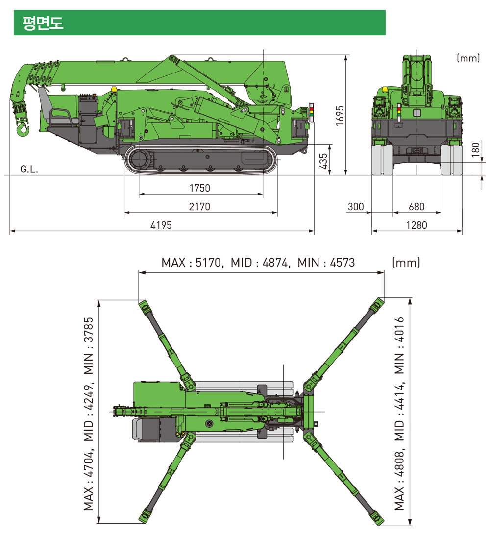 MC305CB | 3톤 배터리 거미크레인 제원표 - 이양 임대