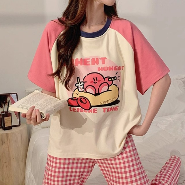 별의 커비 반팔 긴바지 잠옷 (핑크 체크) 일본 닌텐도 캐릭터 파자마