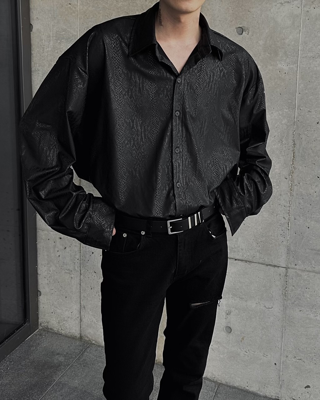 (best) 파에톤 뱀피 패턴 오버 셔츠 2COL (블랙,카키) : 이치반