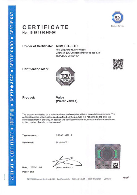 TUV-2-Water-Valve : Certifications