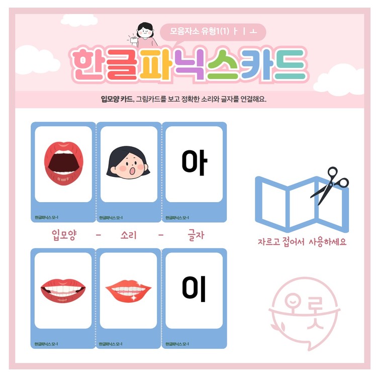 [오롯한말] 한글파닉스 - 단모음, 이중모음 소리/입모양/그림카드 : 말놀이터