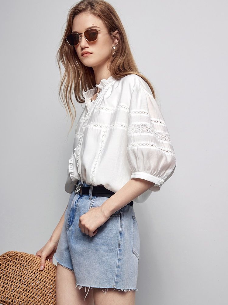 Biselena French Holiyday Hollow Webbing Shirt : 엘레니크(Elenique)