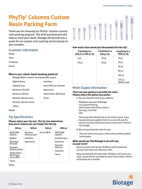 PhyTip Columns - Custom Resin Packing Form : 이앤씨바이오
