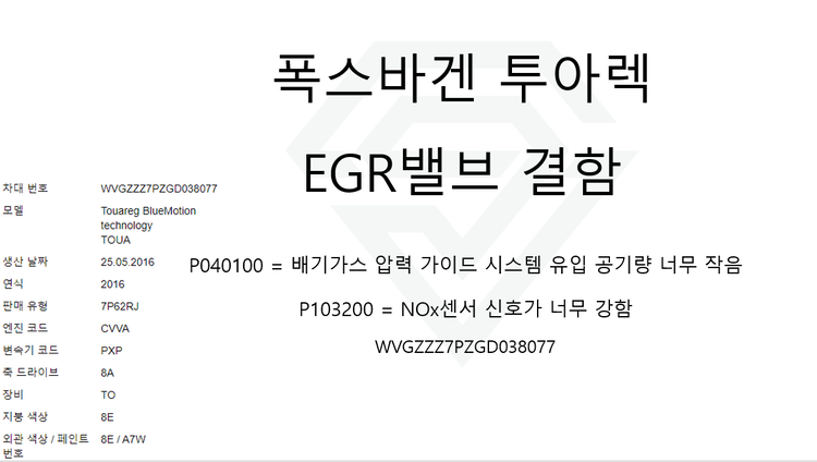 폭스바겐 투아렉 엔진체크등_EGR밸브 결함_P040100_P103200_0179 : 에스나인정비연구소