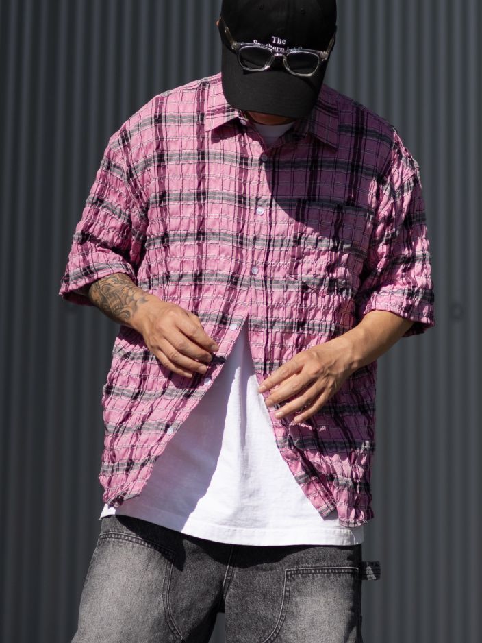 Seersucker check half shirt : ACHRO-