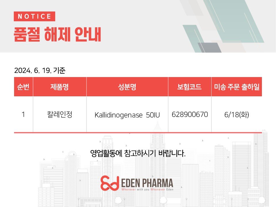 [이든파마] 칼레인정 품절해제 안내 20240619 : PAHRMA PARTNERS