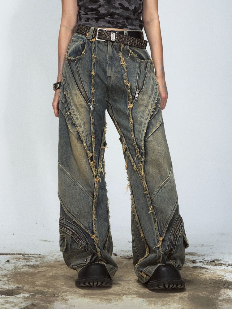 Special-shaped heavy-duty damaged raw edge patchwork jeans : 커프 cuf