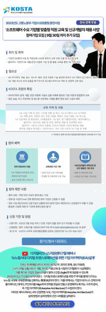 Sw기술협 소프트웨어 수요 기업별 맞춤형 직원 교육 및 신규개발자 채용 사업 참여기업 모집930까지 Kosta 한국소프트웨어기술진흥협회