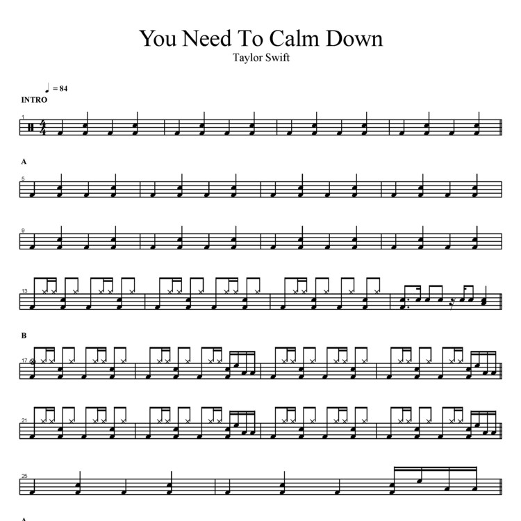 Taylor swift - You Need To Calm Down / Drum Sheet Music (PDF Download ...