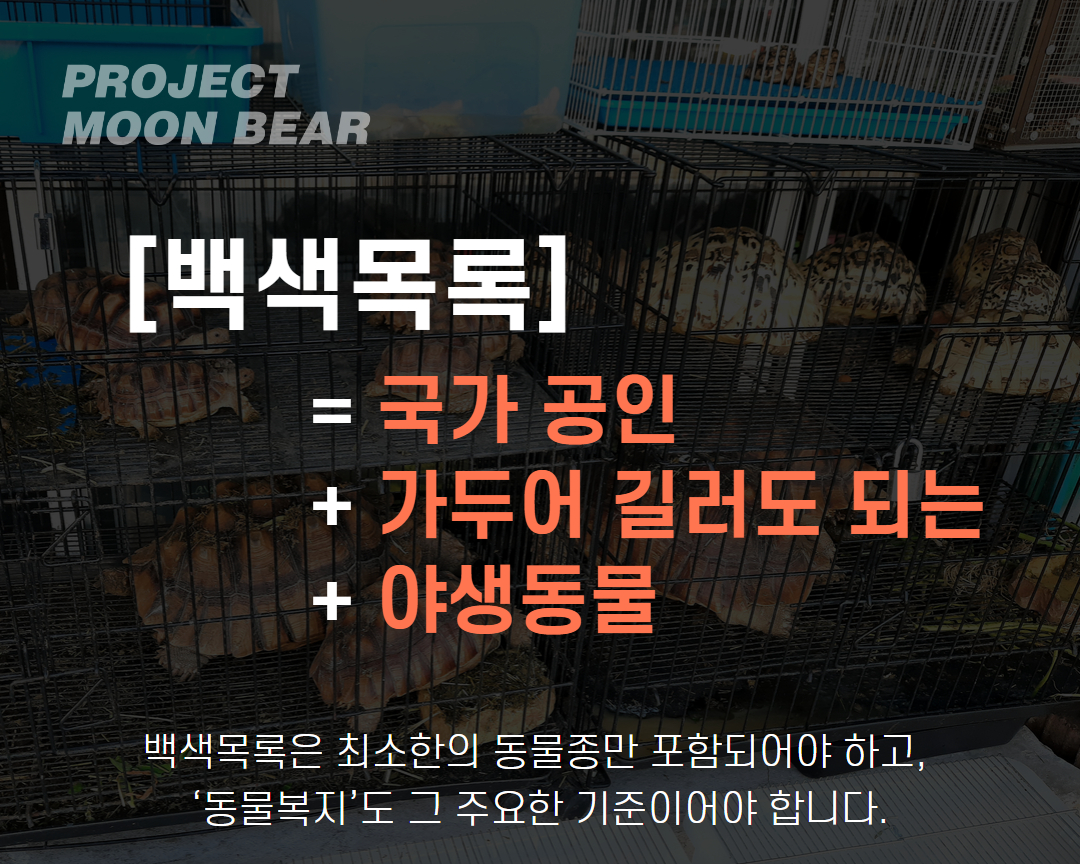 국가 공인 + 가두어 길러도 되는 + 야생동물 = 백색목록 : 자료실