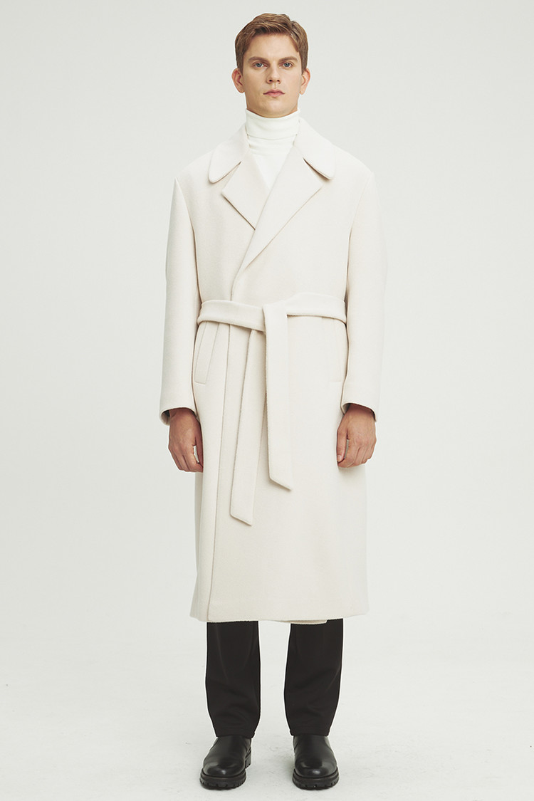 HIGH-END CASHMERE 50% CREAM-IVORY BELTED LONG COAT