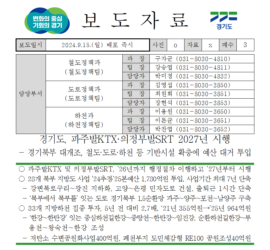 [24.09.15] 경기도, 파주발 KTX 2027년부터 시행 및 경기북부 1.5 순환고속도로(파주시 야당동~남양주시 진접읍) 도로망 구상 보도자료 : NOW 운정연