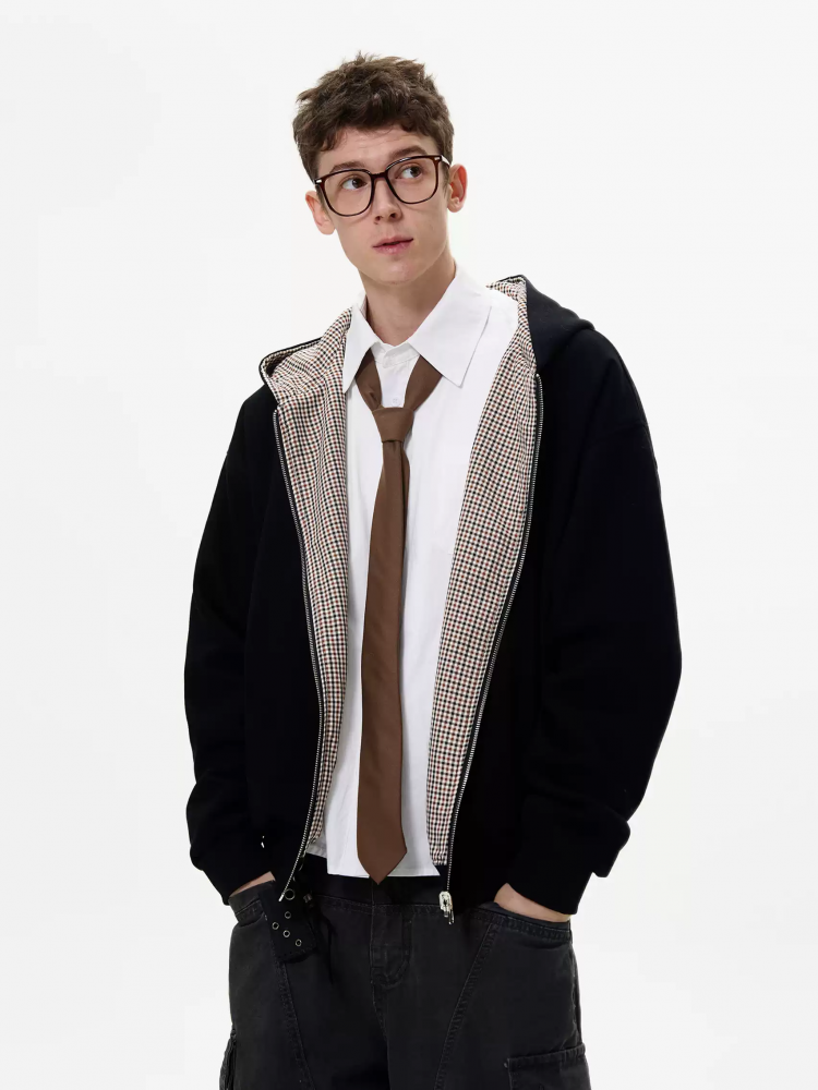 무드킷 Casual old money style double-sided zipper hooded sweatshirt