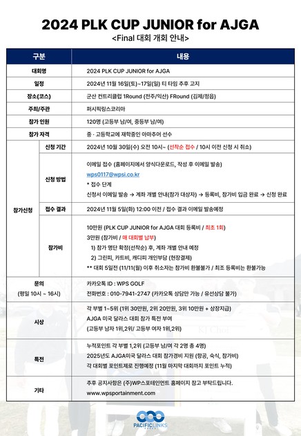 PLK CUP JUNIOR for AJGA 대회 개최 안내 (2024년 마지막 대회)_접수 기간 연장 : WP스포테인먼트_WPS