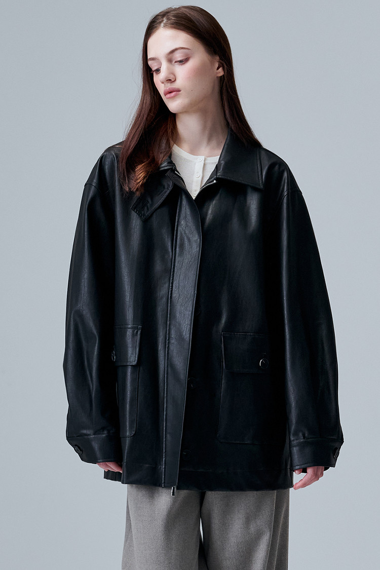 6102 HALF LEATHER JACKET (BLACK) : maloupe 마롭