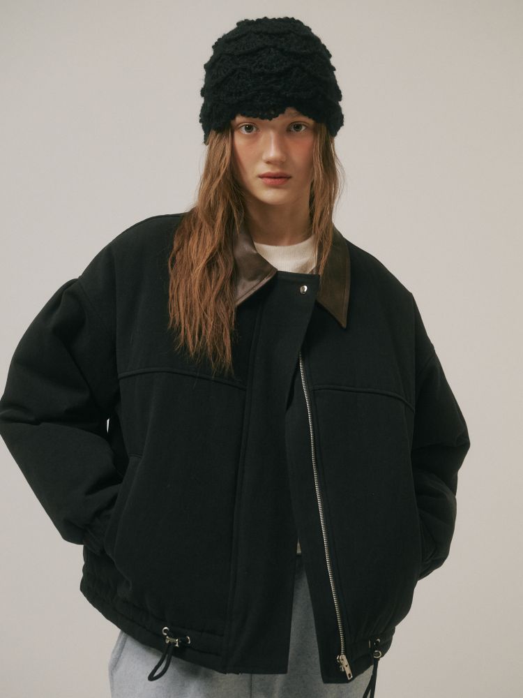 LEATHER COLLAR WORK JACKET_BLACK : AMIDI